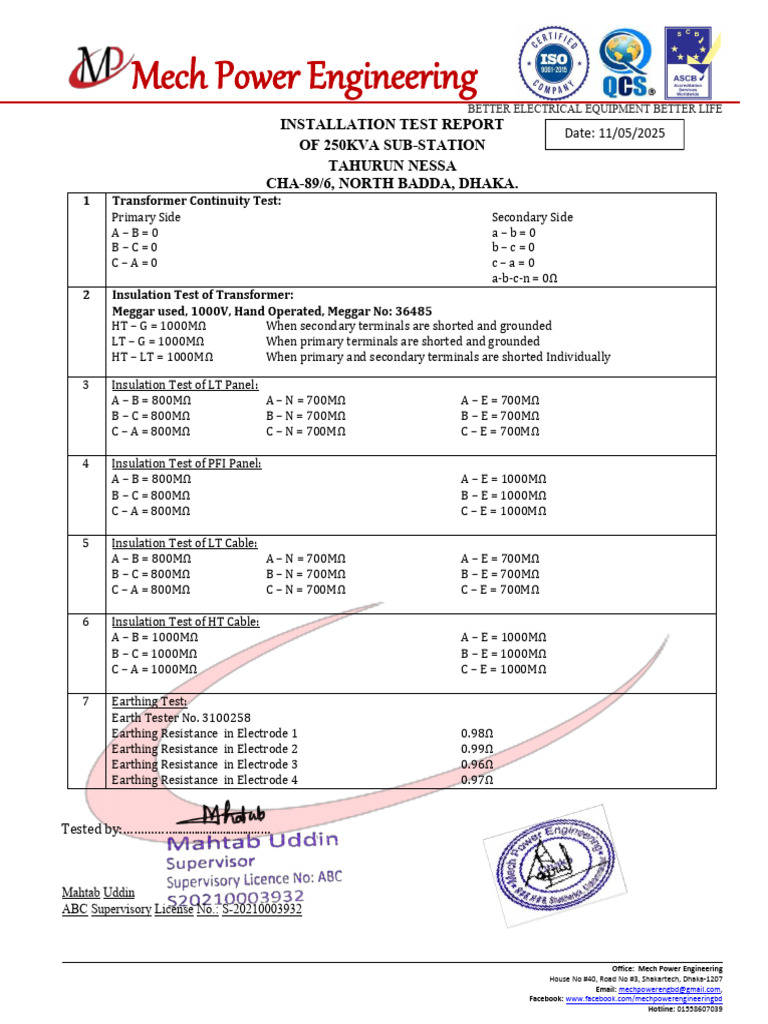 Installation Test Report-Contractor-Supervisor License | PDF ...