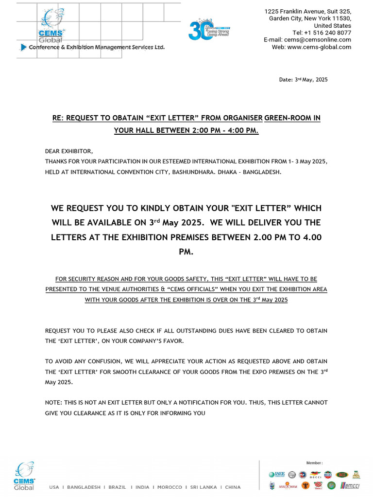 Exit Letter Request - Auto Series of Exhibition 2025 | PDF