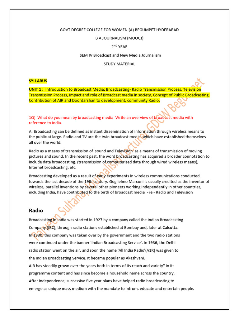 Journalism Sem 4 Broadcast Journalism 4 Unit 1 | PDF | Transmitter ...