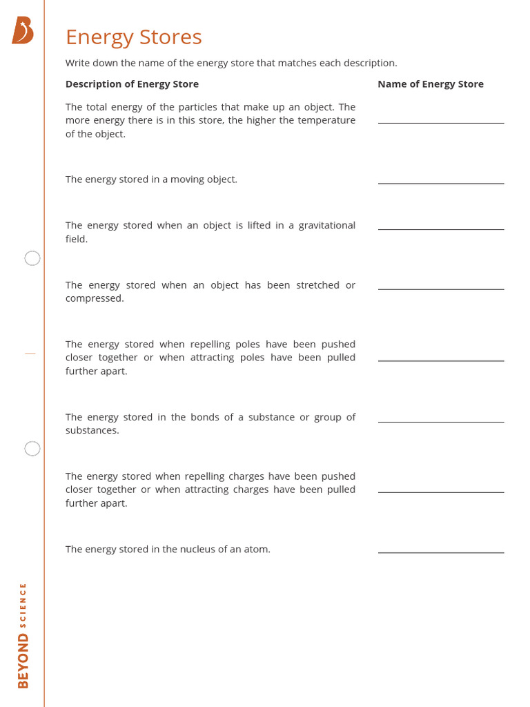 KS3 Naming Energy Stores Worksheet | PDF