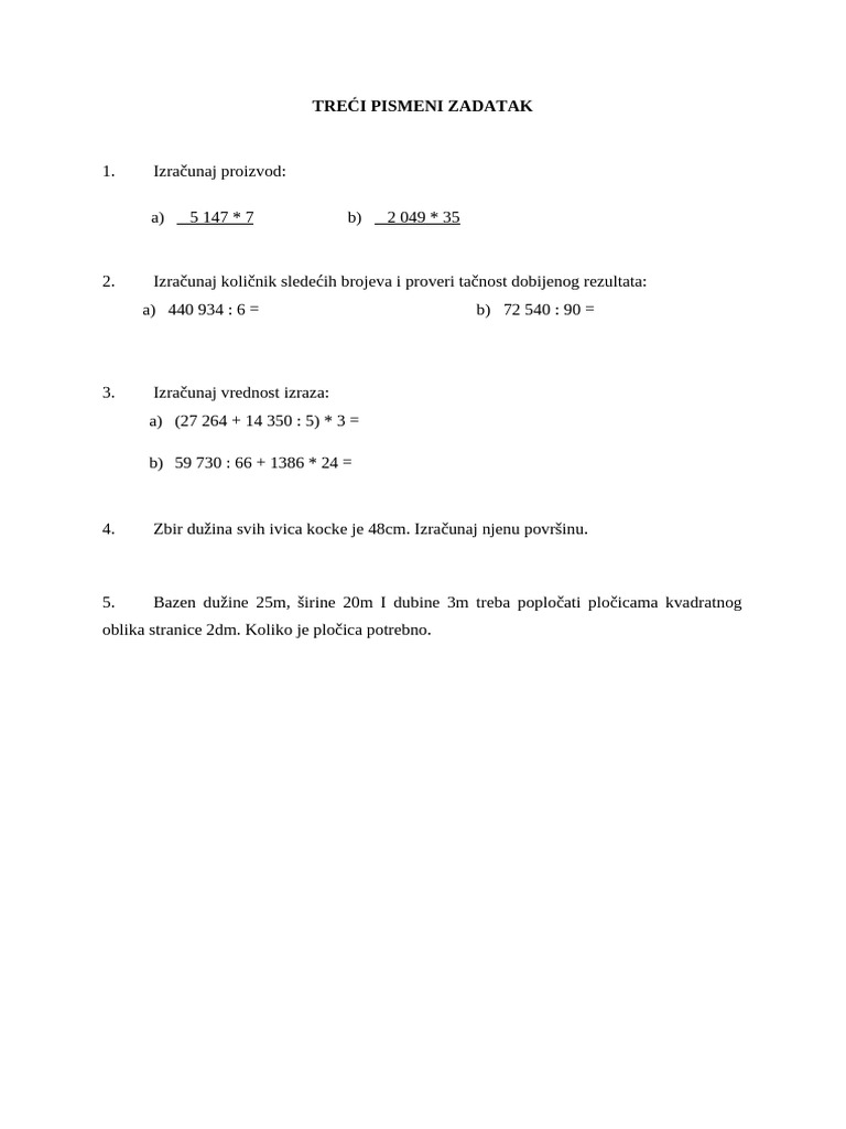 Matematika - Treći Pismeni Zadatak_1 | PDF