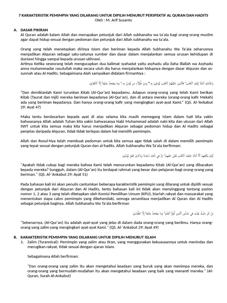 Artikel - 7 KARAKTERISTIK PEMIMPIN YANG DILARANG UNTUK DIPILIH MENURUT PERSPEKTIF AL QURAN DAN ...