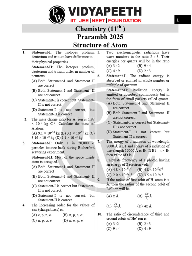 Structure of Atom - Practice Sheet | PDF | Atomic Orbital | Electron