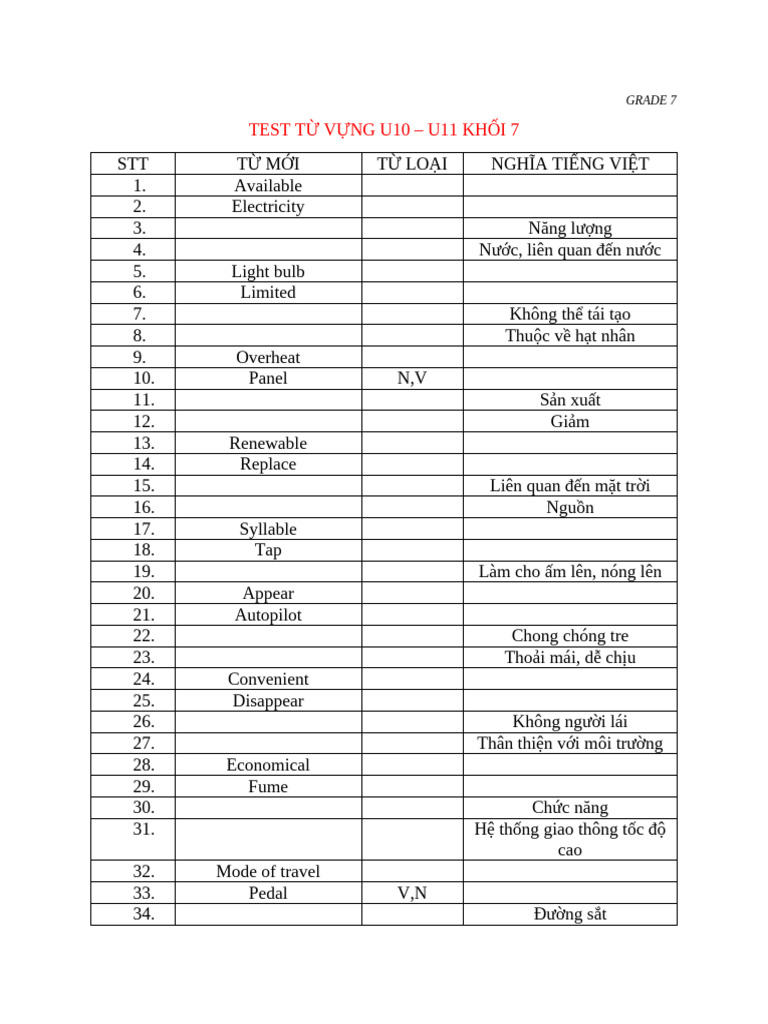 Test Từ Vựng U10 - U11 Khối 7: Grade 7 | PDF
