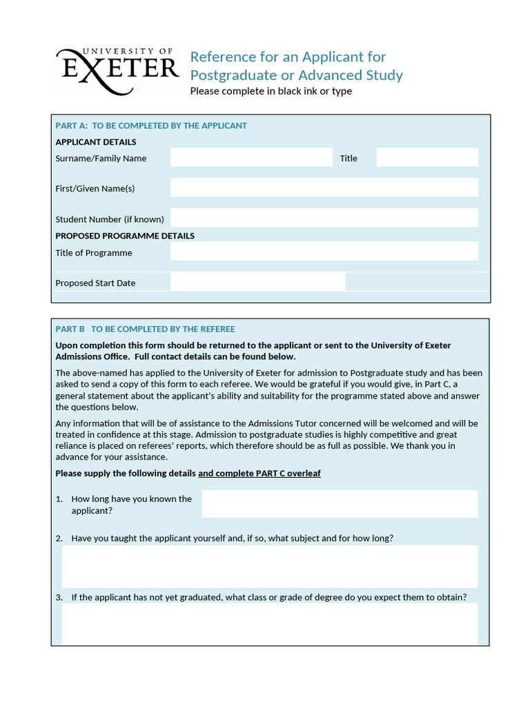 University of Exeter Reference Form | PDF | Postgraduate Education ...