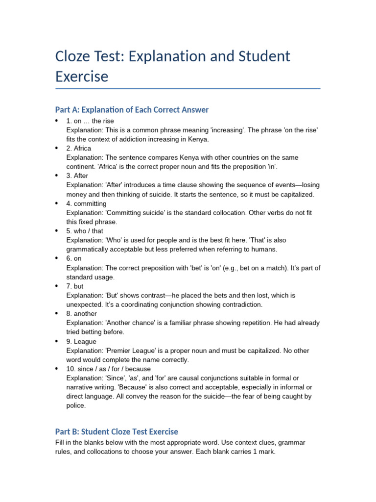 Cloze Test Explanations and Exercise | PDF | Phrase | Linguistics