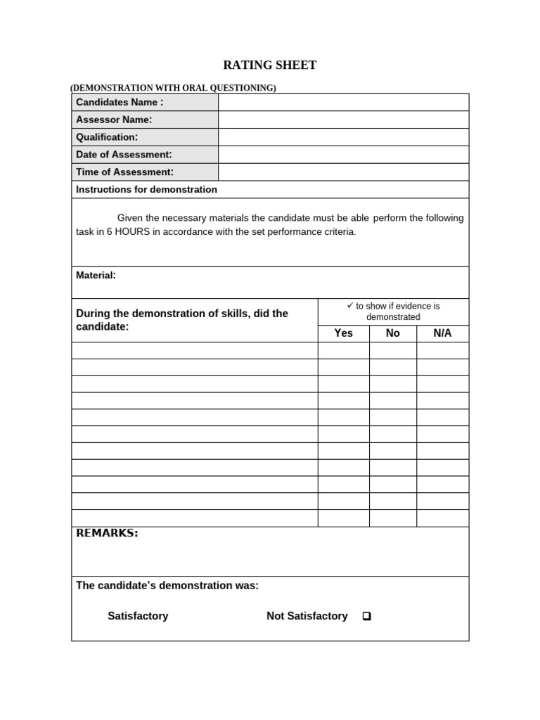 TESDA Rating Sheet Template | PDF
