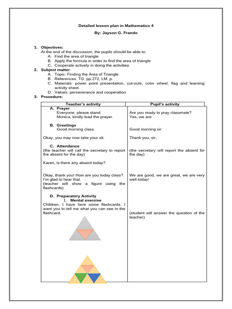 Detailed Lesson Plan in Mathematics 4 | PDF | Area | Rectangle