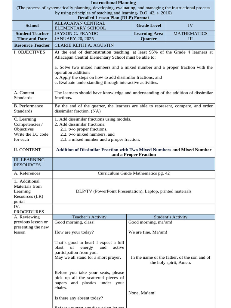 DepEd-Format_DLP -MATH 4.2 (1) | PDF | Teachers | Learning