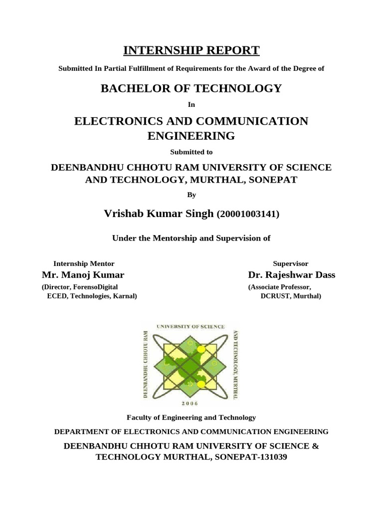 Internship: Bachelor of Technology Electronics and Communication Engineering | PDF | Digital ...