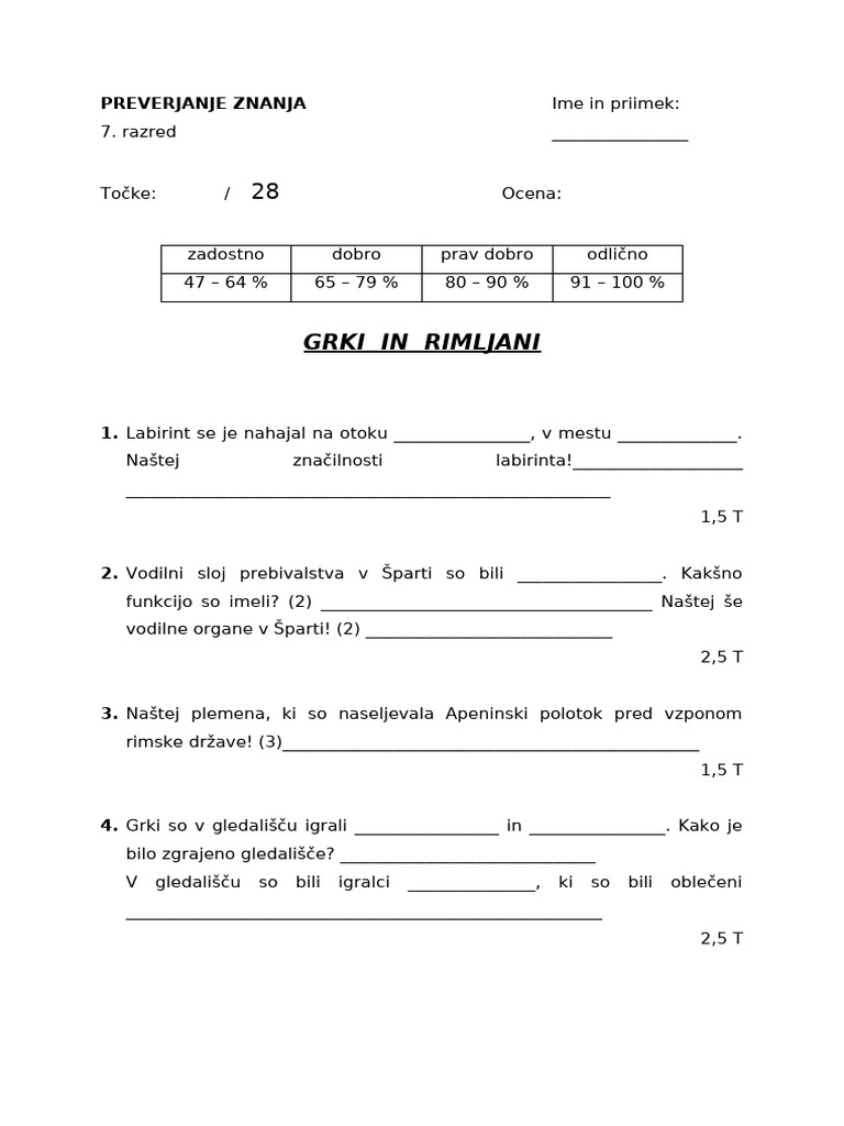 Grki in Rimljani - Preverjanje Znanja | PDF