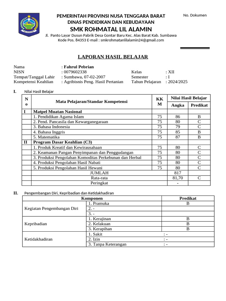 Laporan Hasil Belajar 2024 Kelas Xii Aphp - Fahrul Pebrian # | PDF