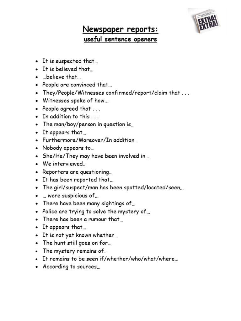 Newspaper Reports Sentence Openers | PDF