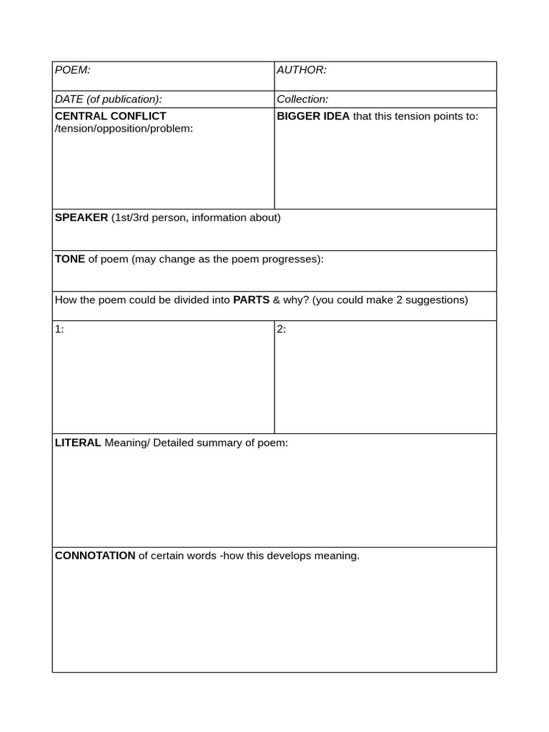 Poem Analysis Chart Template | PDF