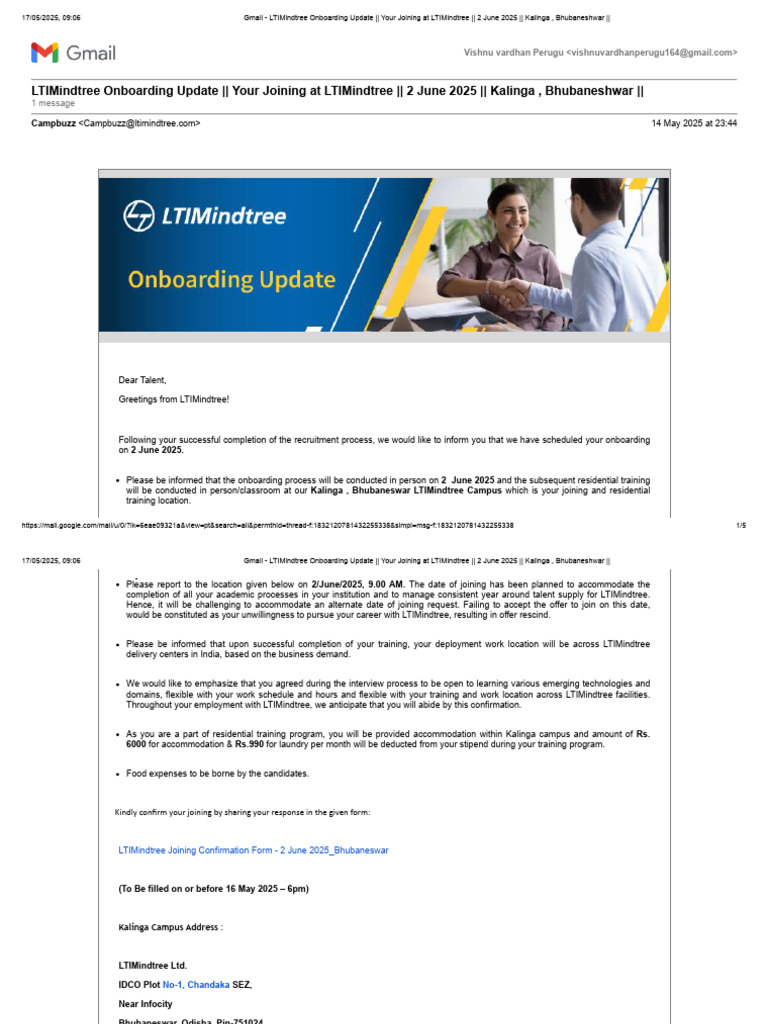 Gmail - LTIMindtree Onboarding Update - Your Joining at LTIMindtree - 2 June 2025 - Kalinga ...