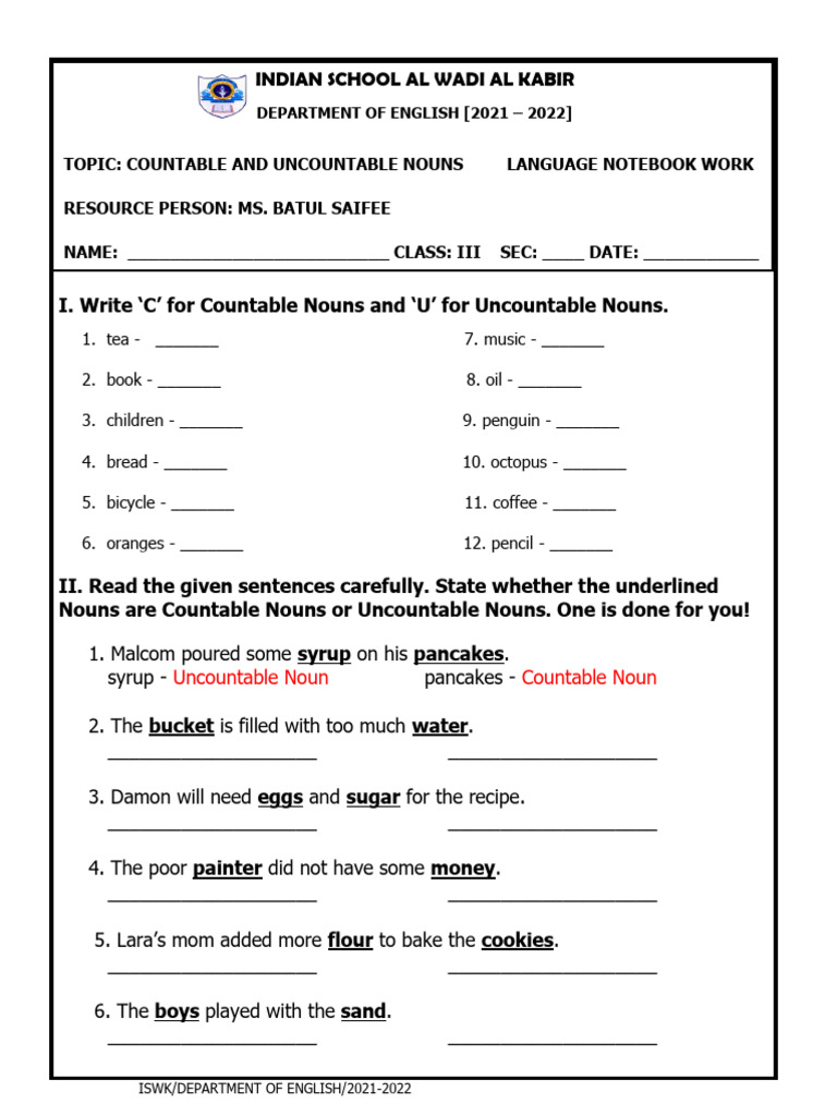Countable and Uncountable Nouns Worksheet | PDF | Pancake | European ...