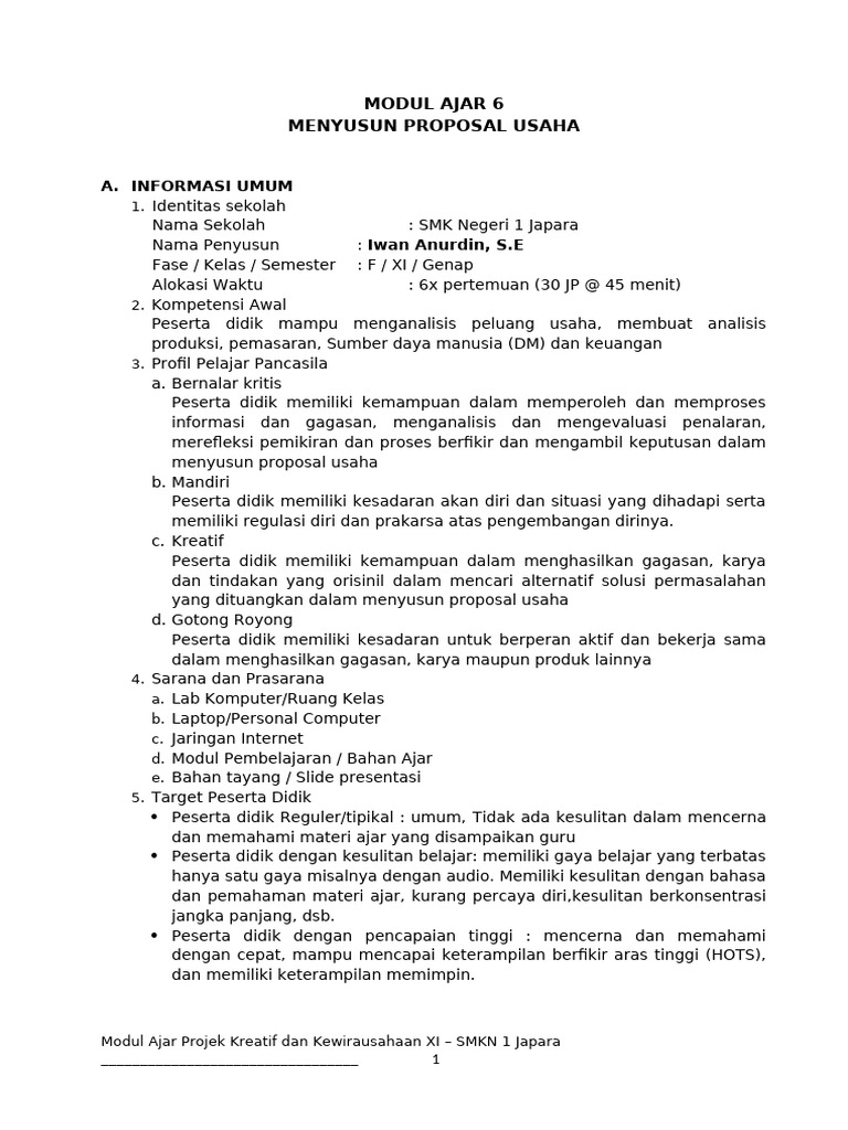 Modul Ajar 6 - Proposal Usaha | PDF