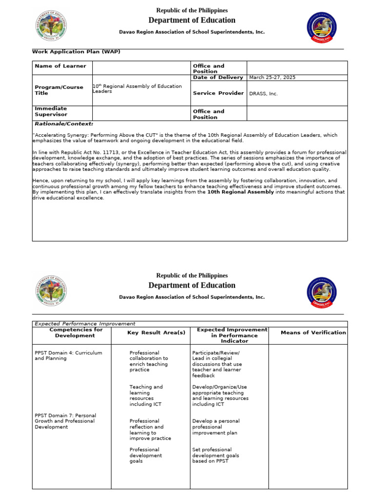 10th RAEL WAP (TEMPLATE ONLY) | PDF | Educational Technology | Learning