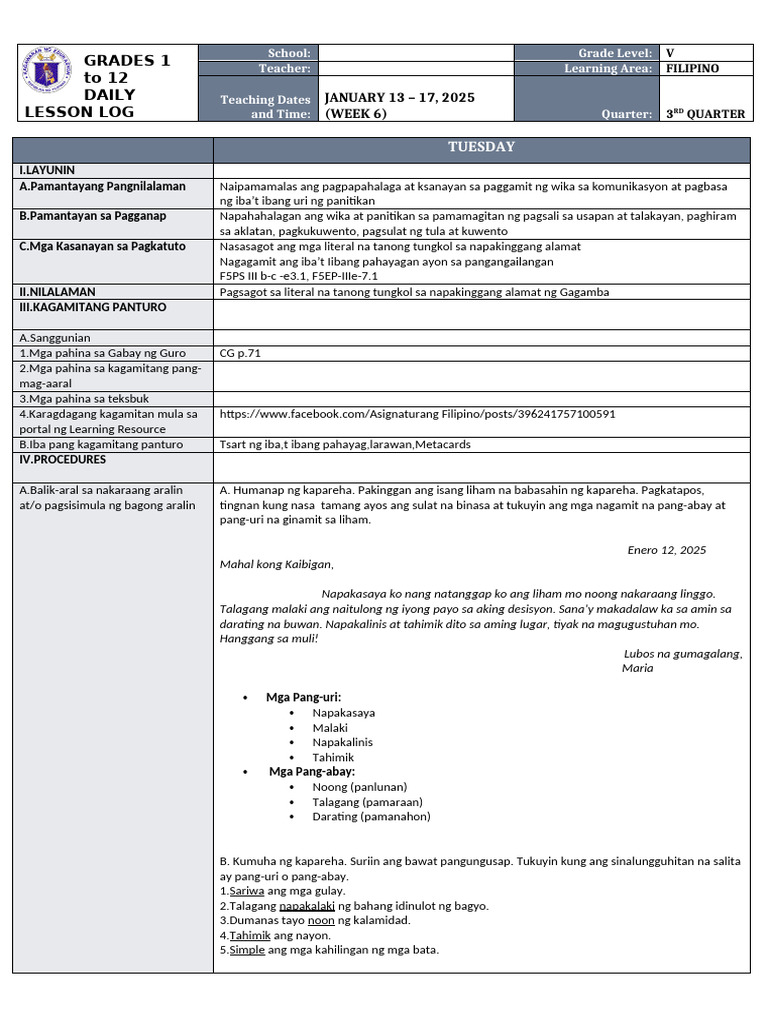 DLL - Filipino 5 - Q3 - W5 | PDF
