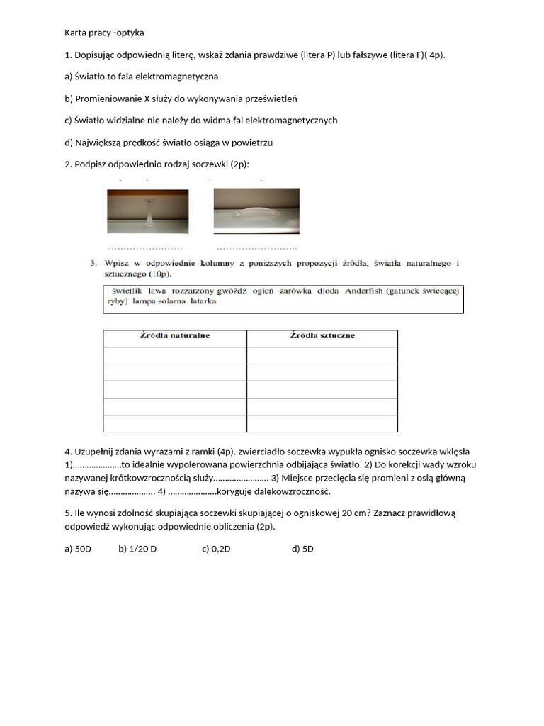 Karta Pracy - Optyka | PDF