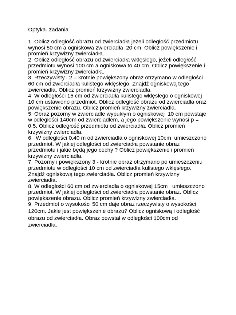 Optyka- zadania (zwierciadła) | PDF