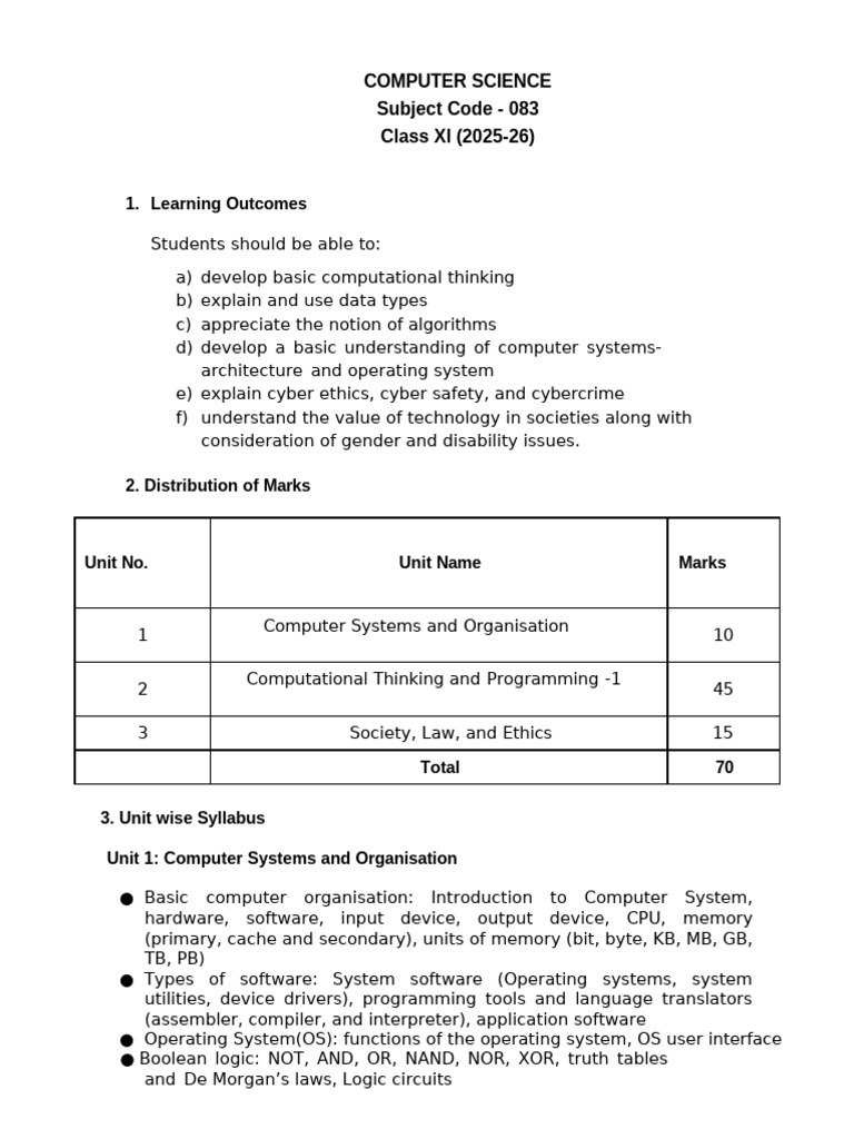CS Curriculum 2025-26 XI | PDF | Byte | Control Flow