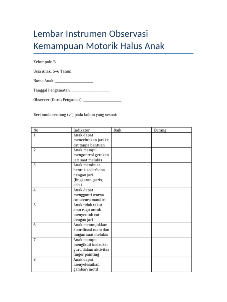 Instrumen Observasi Motorik Halus Finger Painting | PDF