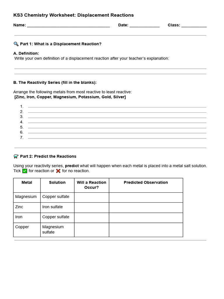 KS3 Chemistry Worksheet_ Displacement Reactions | PDF