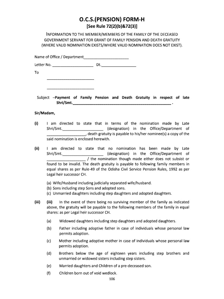 Form H Information To The Memebers of The Family of Deceased Servant ...