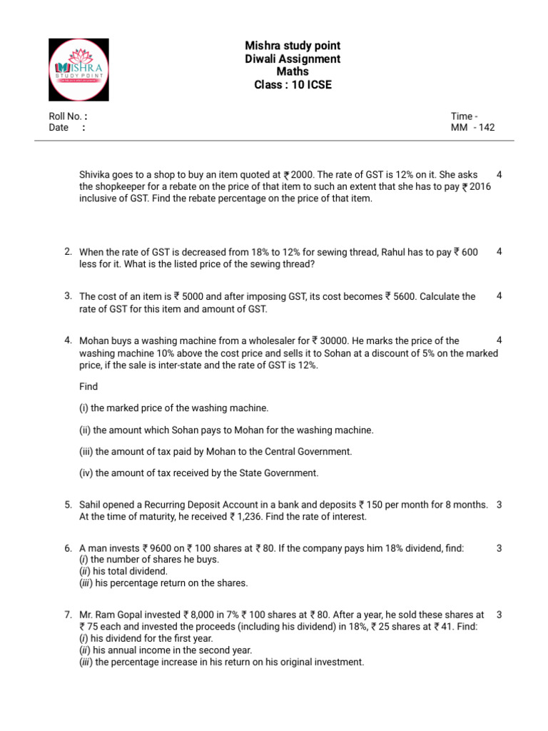 Diwali Assignment 10th Icse | PDF | Value Added Tax | Dividend