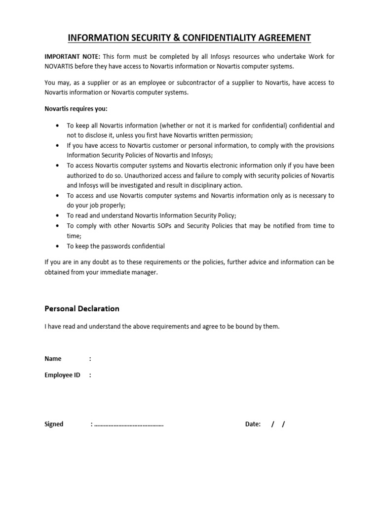 Information Security Confidentiality Agreement For Novartis Account | PDF
