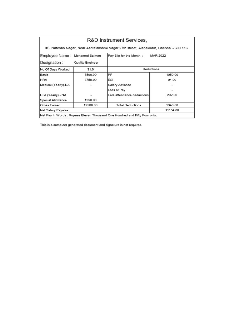 Mohamed Salman Payslip Mar 2022. | PDF