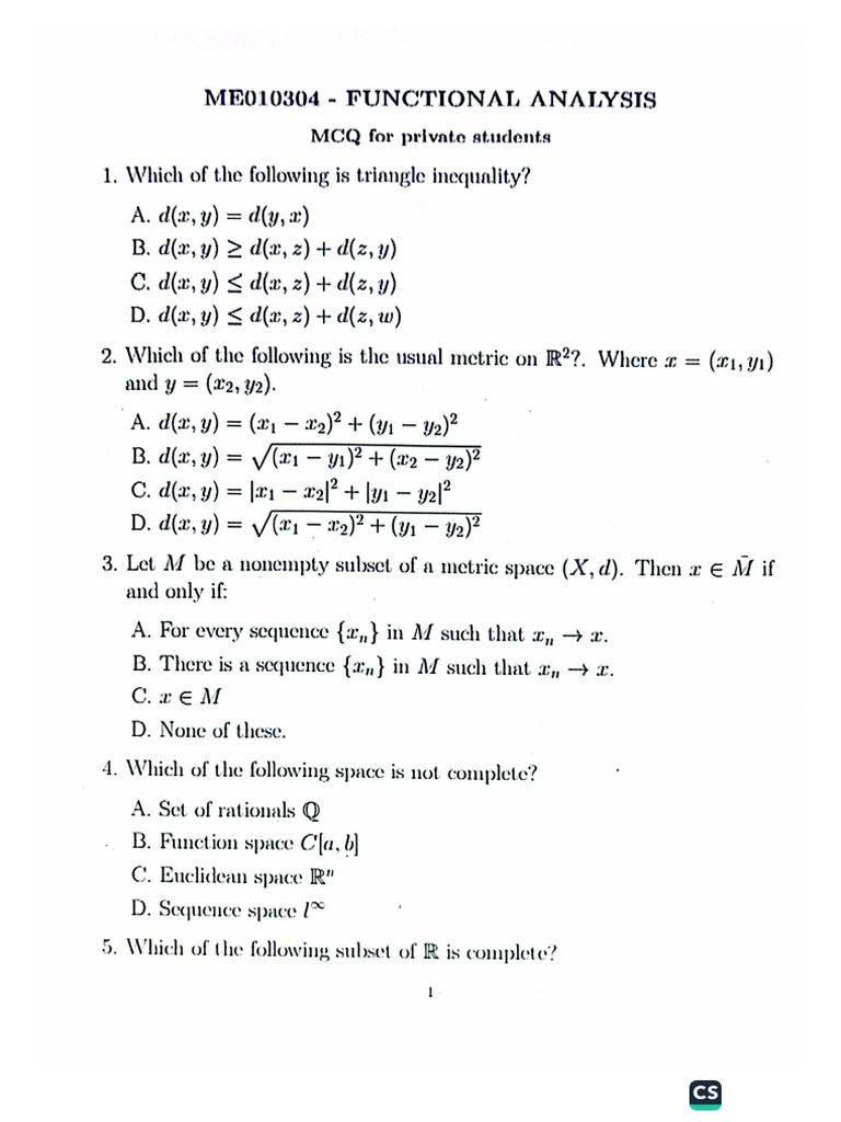 MCQ's of Functional Analysis | PDF