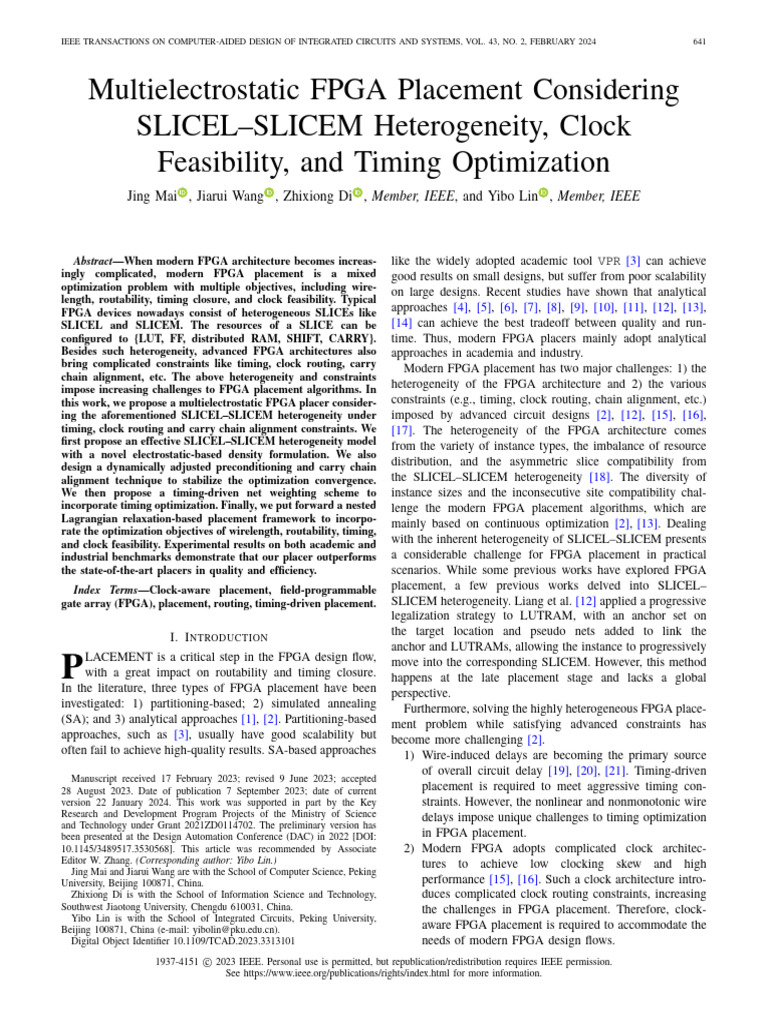 Multielectrostatic FPGA Placement Considering SLICELSLICEM Heterogeneity Clock Feasibility and ...