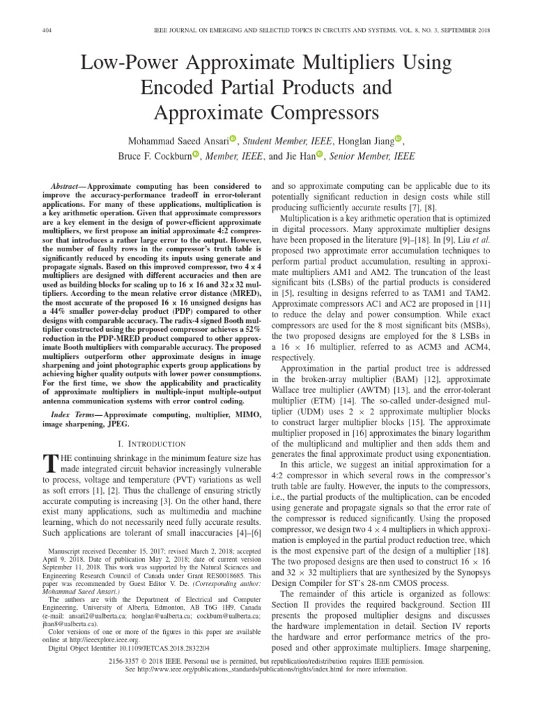 Low-Power Approximate Multipliers Using Encoded Partial Products and Approximate Compressors ...