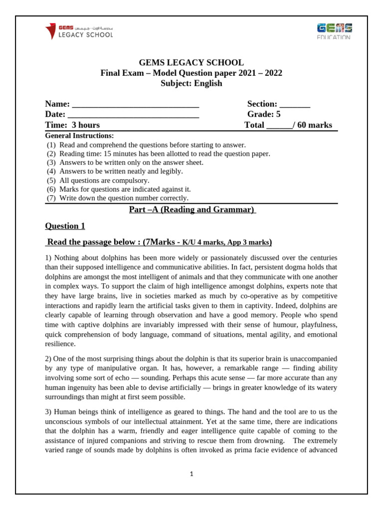 English SA2 - Written Paper - Model Question Paper | PDF | Intelligence ...