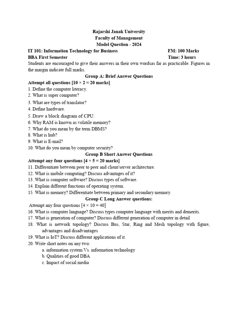 Model Question (Information Technology For Business) | PDF | E Commerce ...