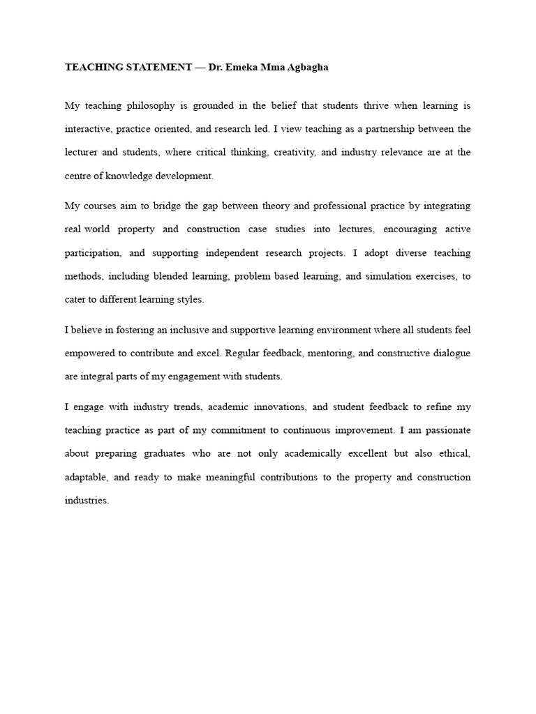 TEACHING STATEMENT - Dr. Emeka Mma Agbagha | PDF