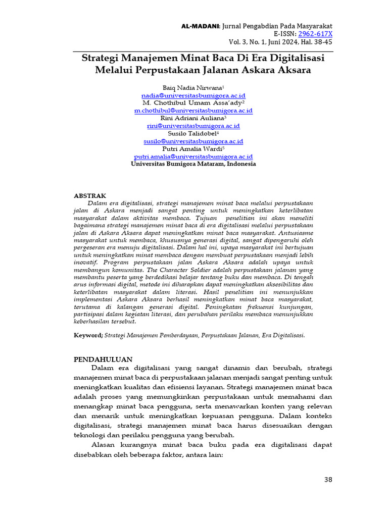 Strategi Manajemen Minat Baca Di Era Digitalisasi Melalui Perpustakaan Jalanan Askara Aksara | PDF