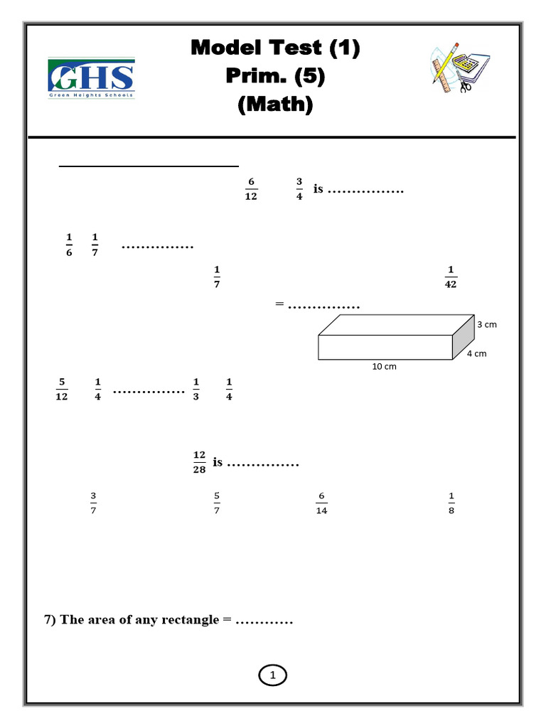 Math Final Model Test (1) & Model Answer Prim.5 | PDF | Triangle | Area
