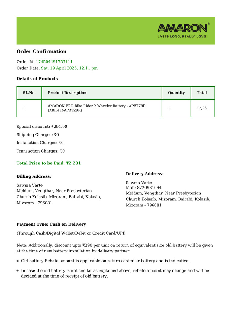 Order Confirmation: 174504491753111 Sat, 19 April 2025, 12:11 PM | PDF