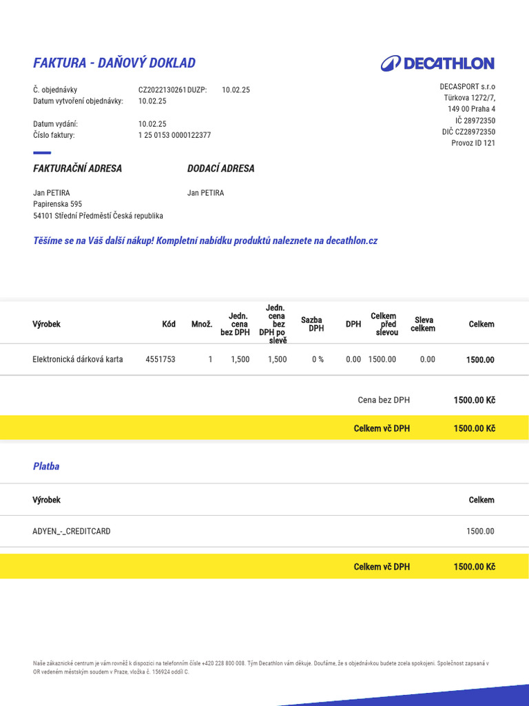 Decathlon Invoice Cz2022130261 | PDF