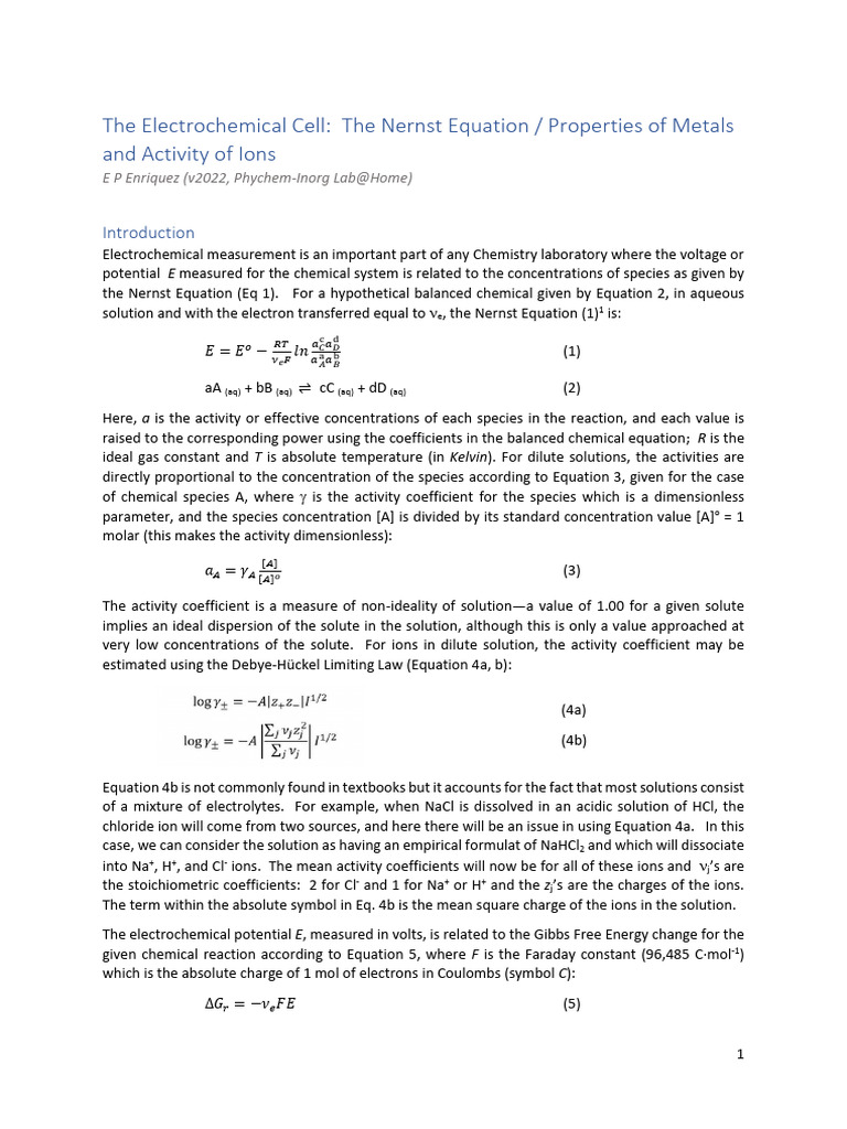 Nernst Equation and Metal Activity Analysis | PDF | Electrochemistry ...