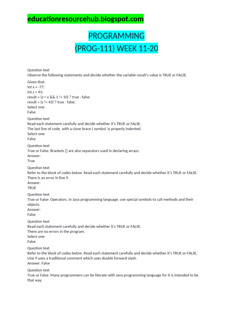 Educationresourcehub.blogspot.com Programming (PROG-111) - Grade 11 Week 11-20 | PDF | Class ...
