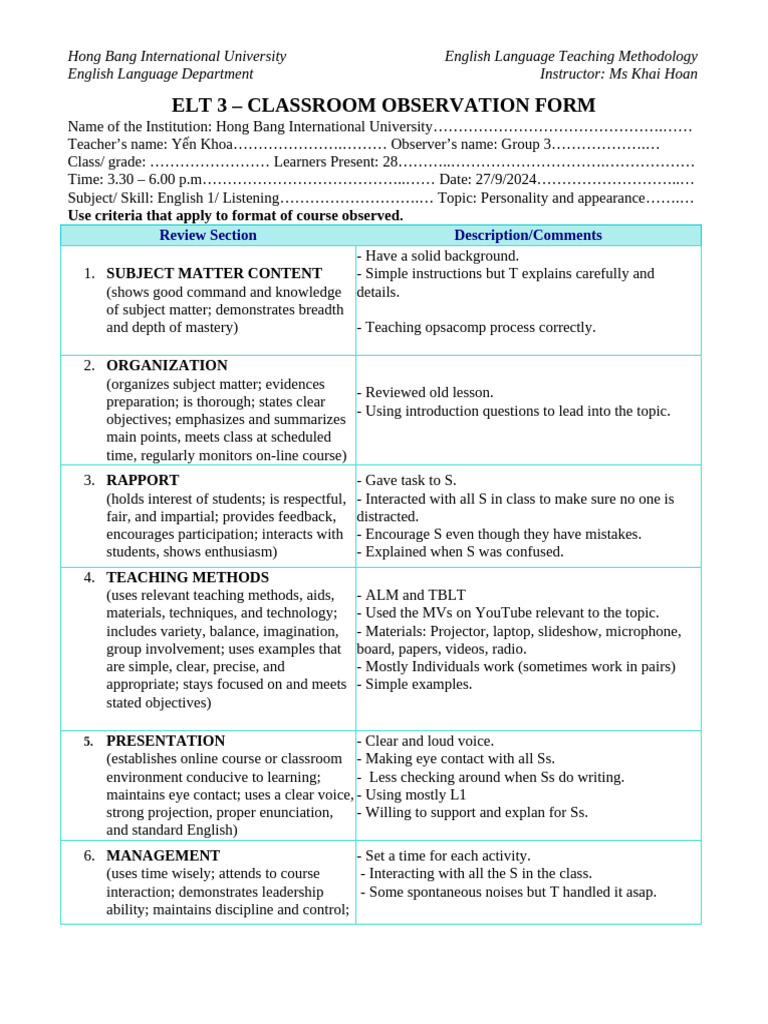 Classroom Observation Report: ELT Methodology | PDF | Teaching Method ...