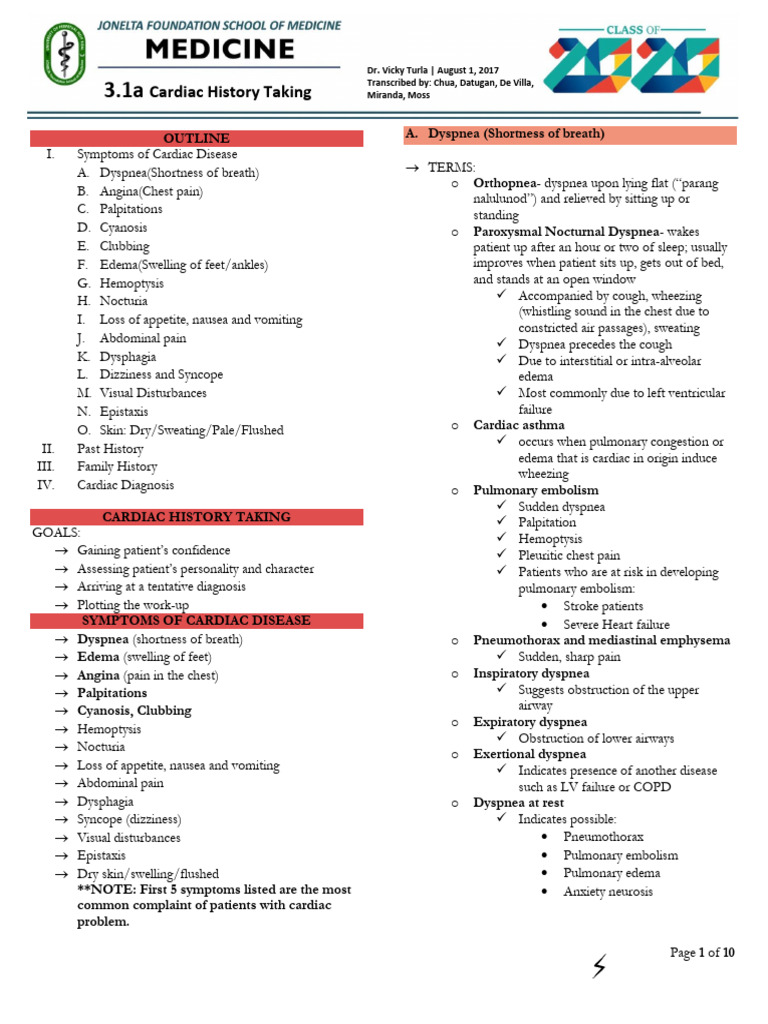 MED1 3.1a Cardiac History Taking | PDF | Edema | Heart