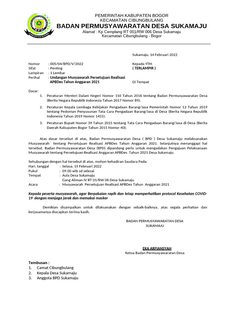 Undangan BPD Musyawarah Realisasi APBDes 2021 | PDF