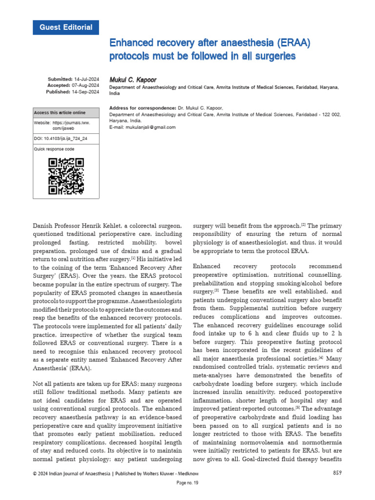 Enhanced Recovery After Anesthesia (ERAA) | PDF | Surgery | Perioperative