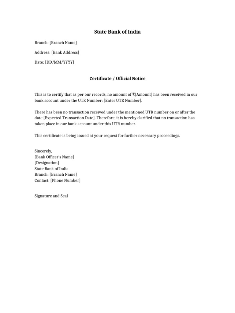 SBI UTR Certificate of Non-Receipt | PDF