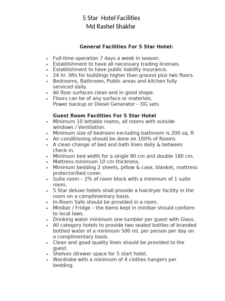 5 Star Hotel Facilities and Requirements | PDF | Bathroom | Shower